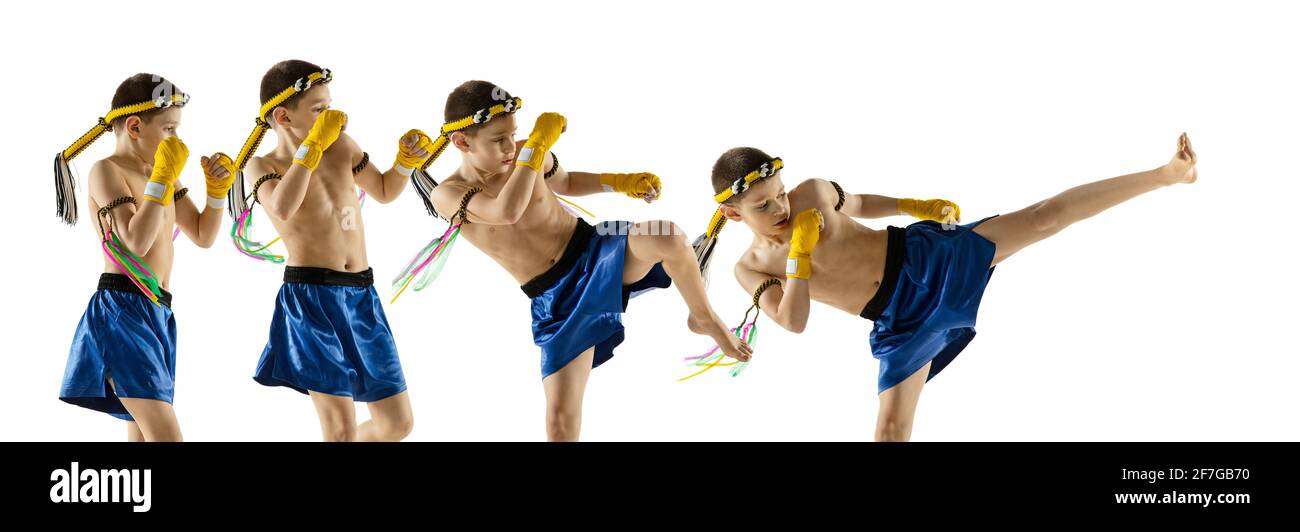 Little boy exercising thai boxing on white background. Fighter ...