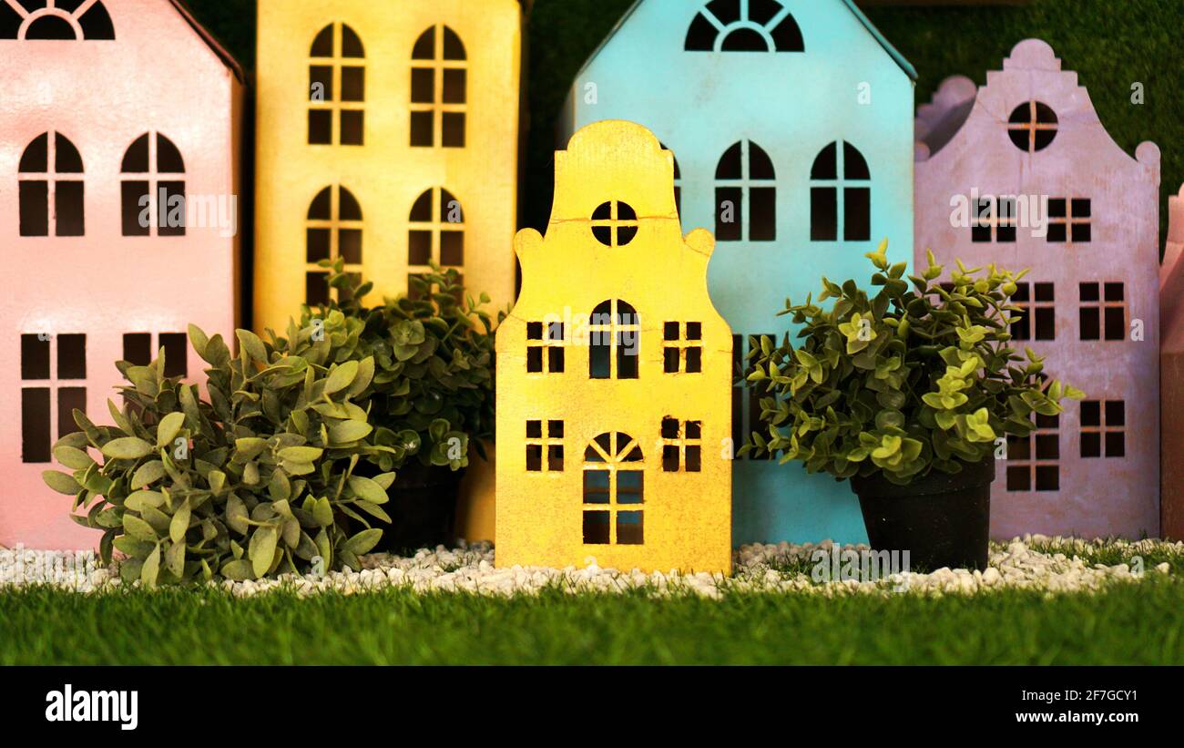 Small cardboard colorful houses made by hand Stock Photo - Alamy