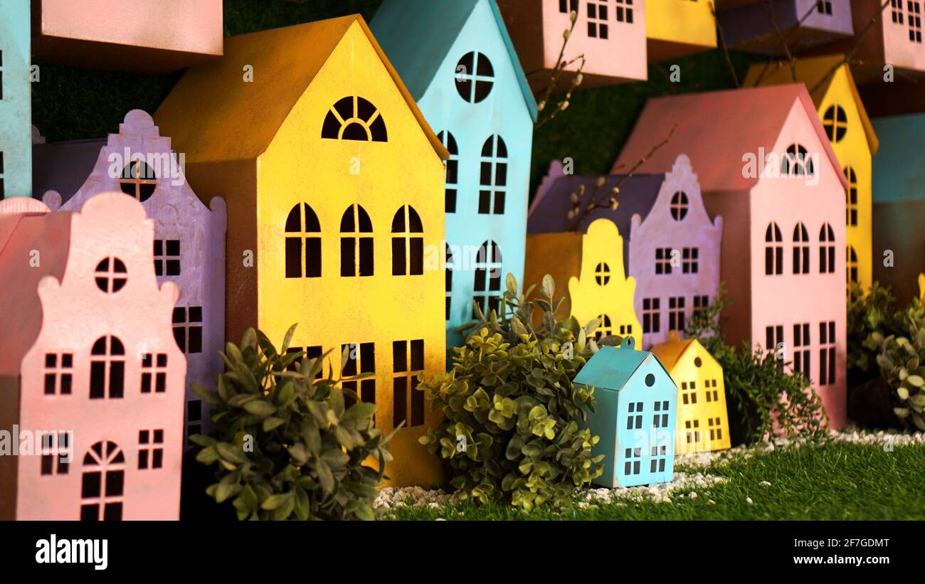 Small cardboard colorful houses made by hand Stock Photo - Alamy