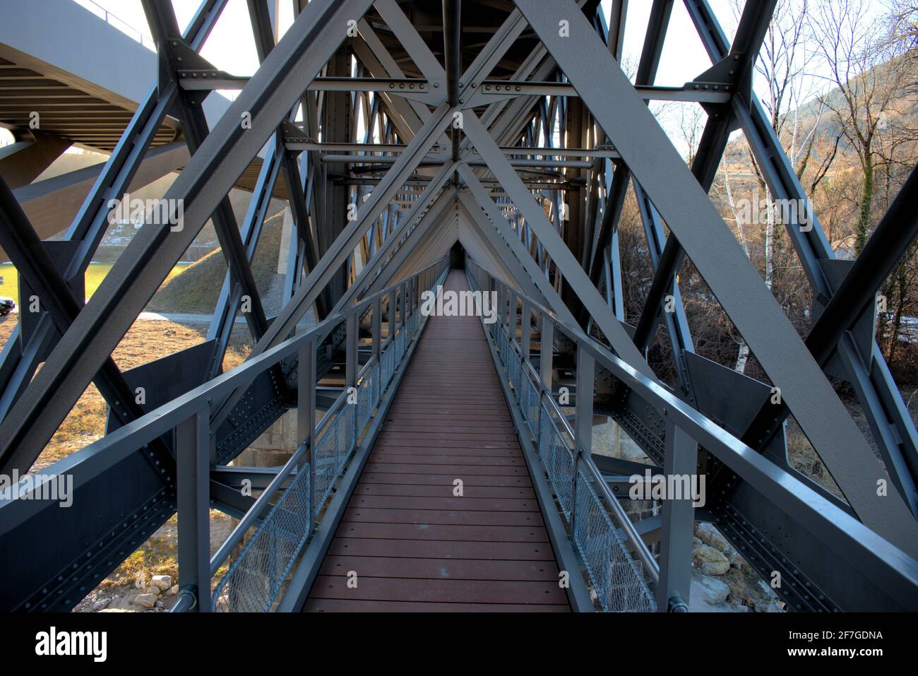Fascinating walkway under a specific bridge construction over the rhine ...