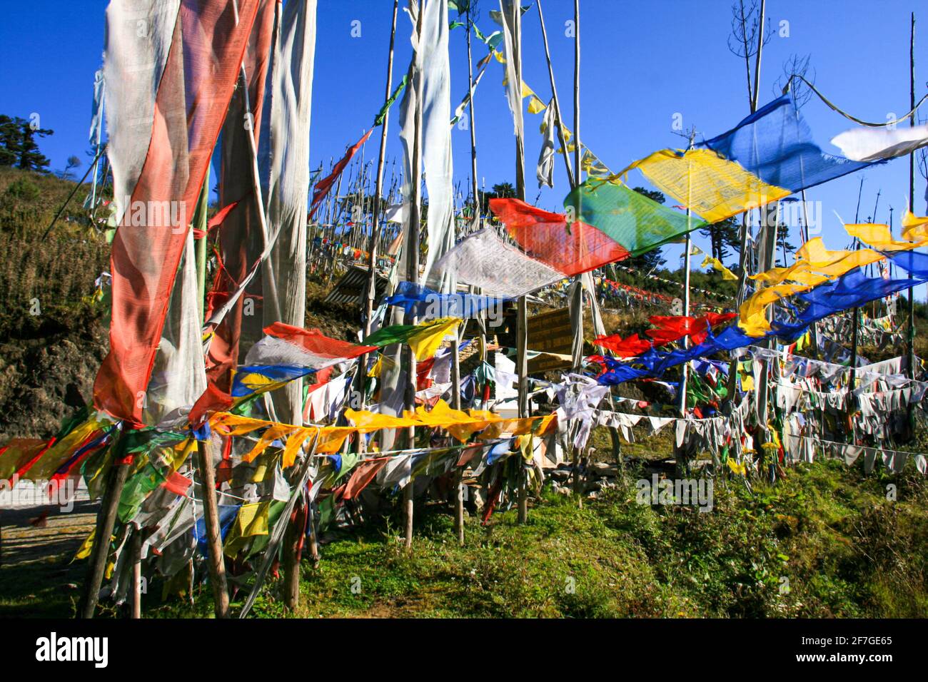 Buddhist prayer flags blow colorfully in the wind. In the Kingdom of ...
