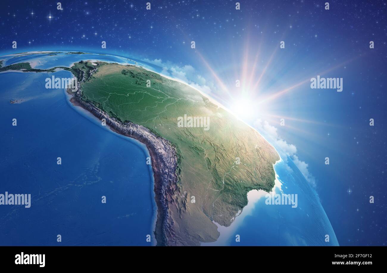 Sunrise through clouds, upon a high detailed satellite view of Planet ...