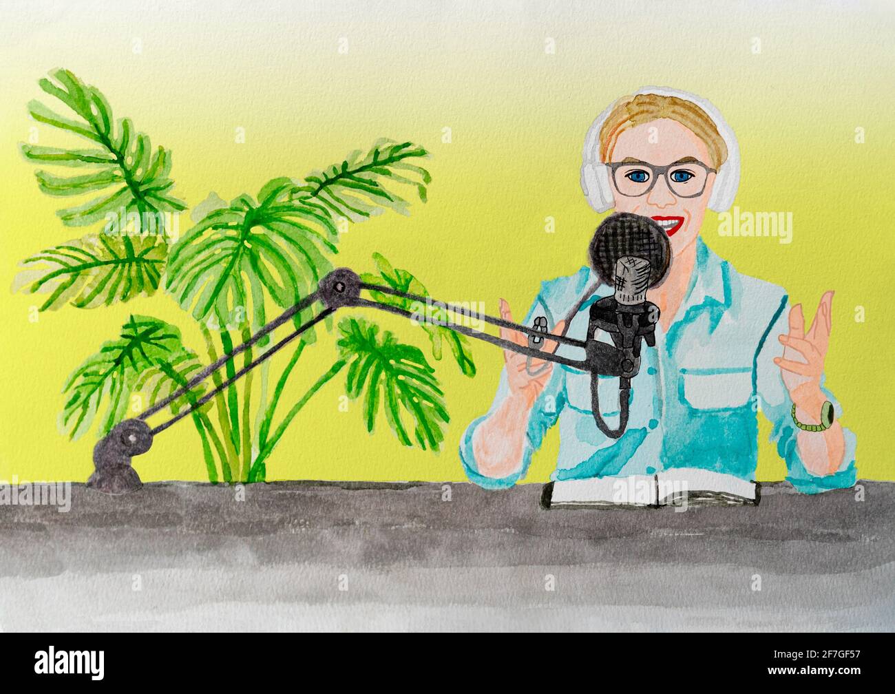 Real watercolor illustration shows a woman in an office. She is ...