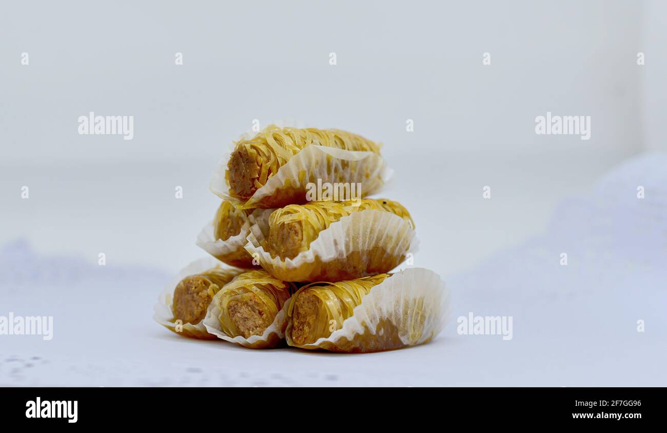 Traditional Moroccan festive cakes on a white background, top view ...