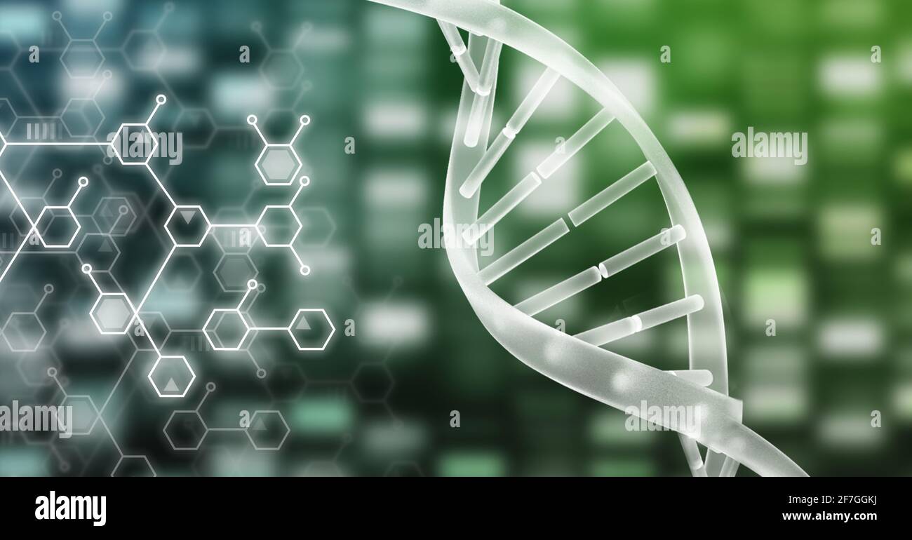 Dna structure and chemical structures against mosaic squares on green ...