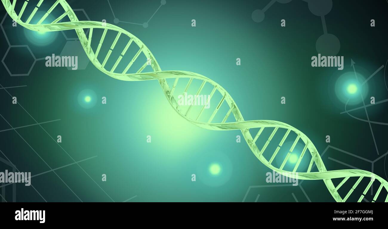 Dna structure and chemical structures against spots of light on green ...