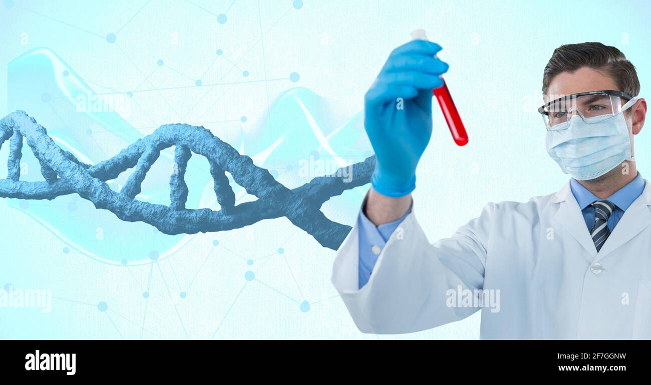 Caucasian male doctor holding a test tube against dna structure and ...