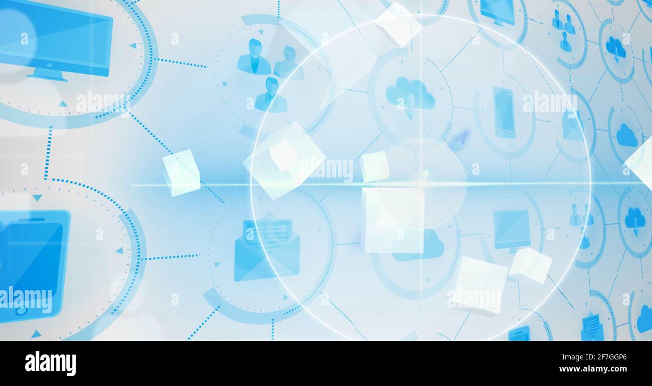 Round scanner scanning over network of digital icons against blue ...