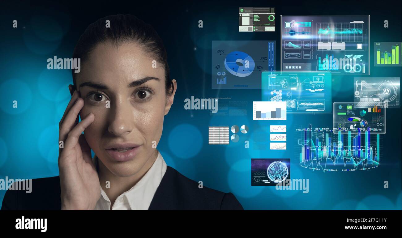 Composition of data processing over caucasian woman looking at camera ...