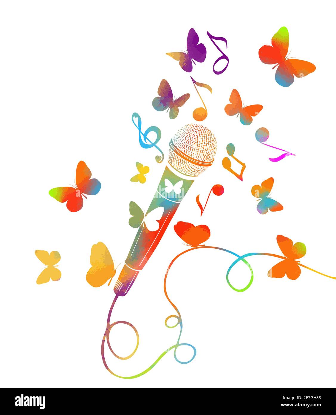 Multicolored microphone with butterflies and notes. Cartoon vector icon ...