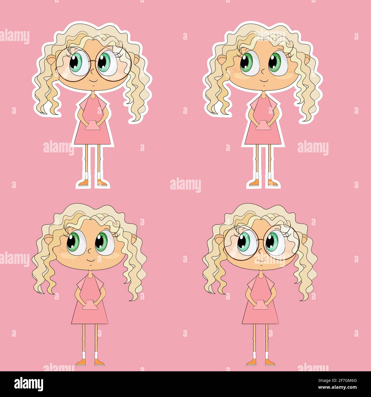 Cute little girl stickers and clipart set. Vector illustration Stock ...