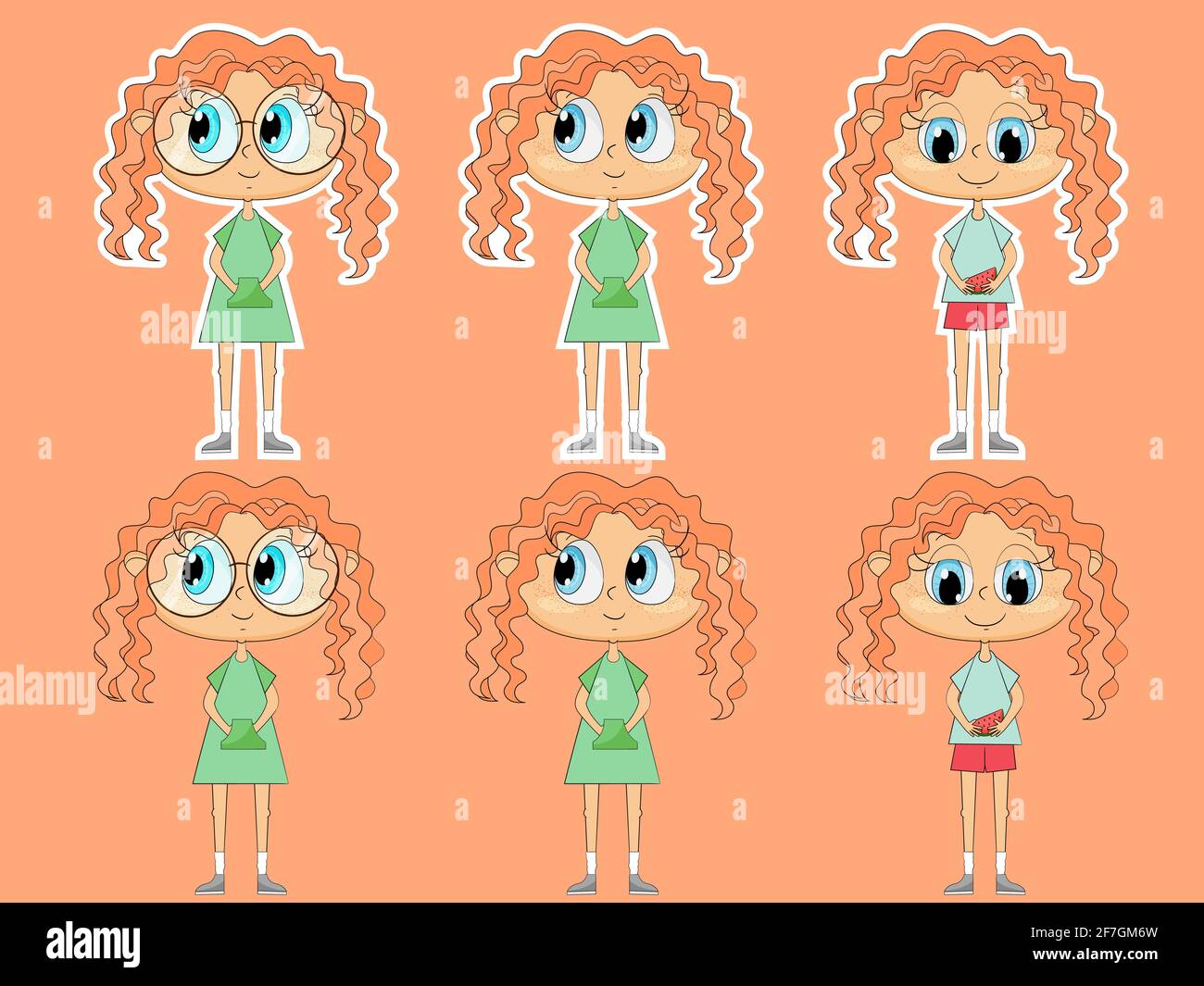 Cute little girl stickers and clipart set. Vector illustration Stock ...