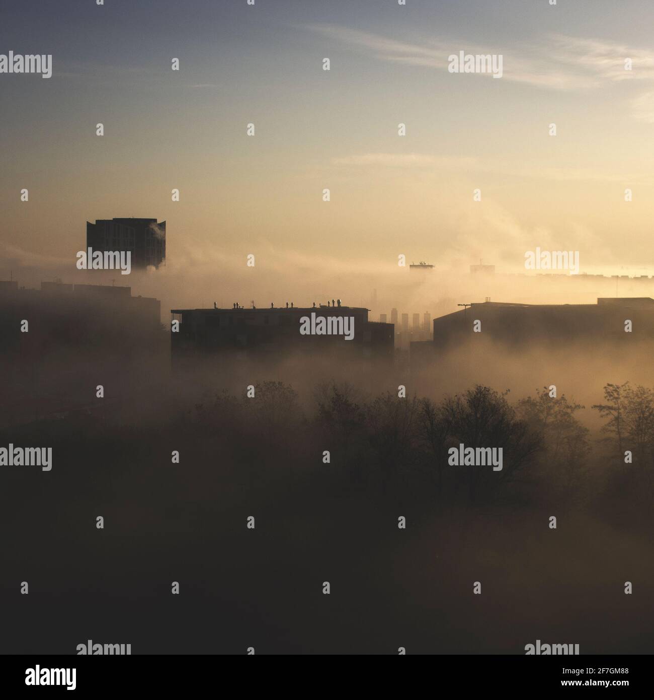 Mist covering concrete apartment buildings in Prague, Czech Republic ...