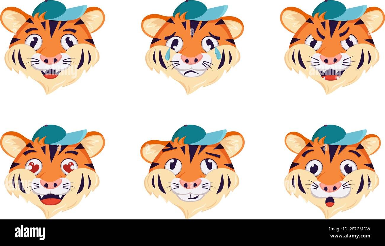 A set of tiger with different emotions. Cheerful, sad or angry symbol ...