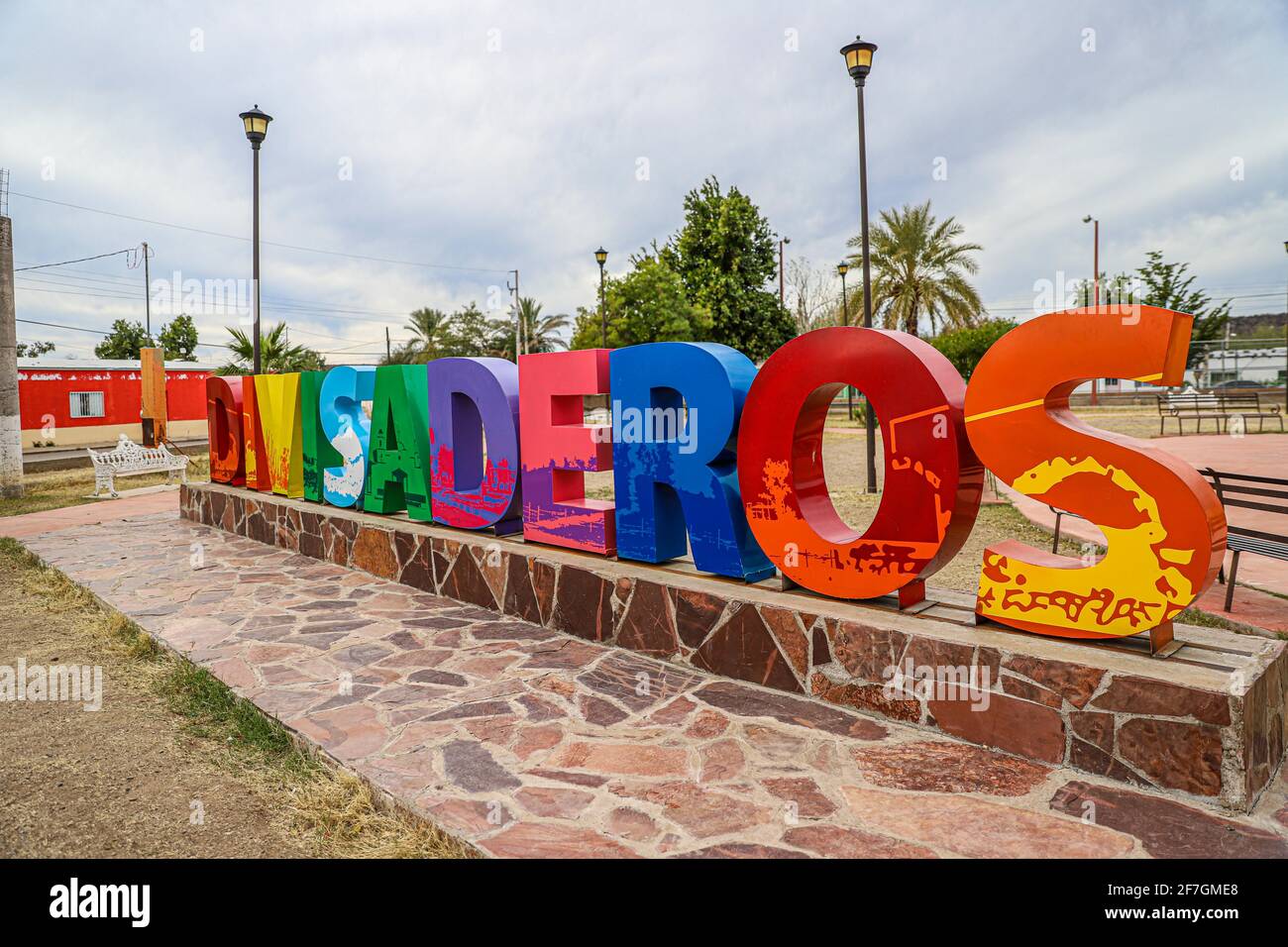 Monumental colored letters with the name of the Municipality of ...