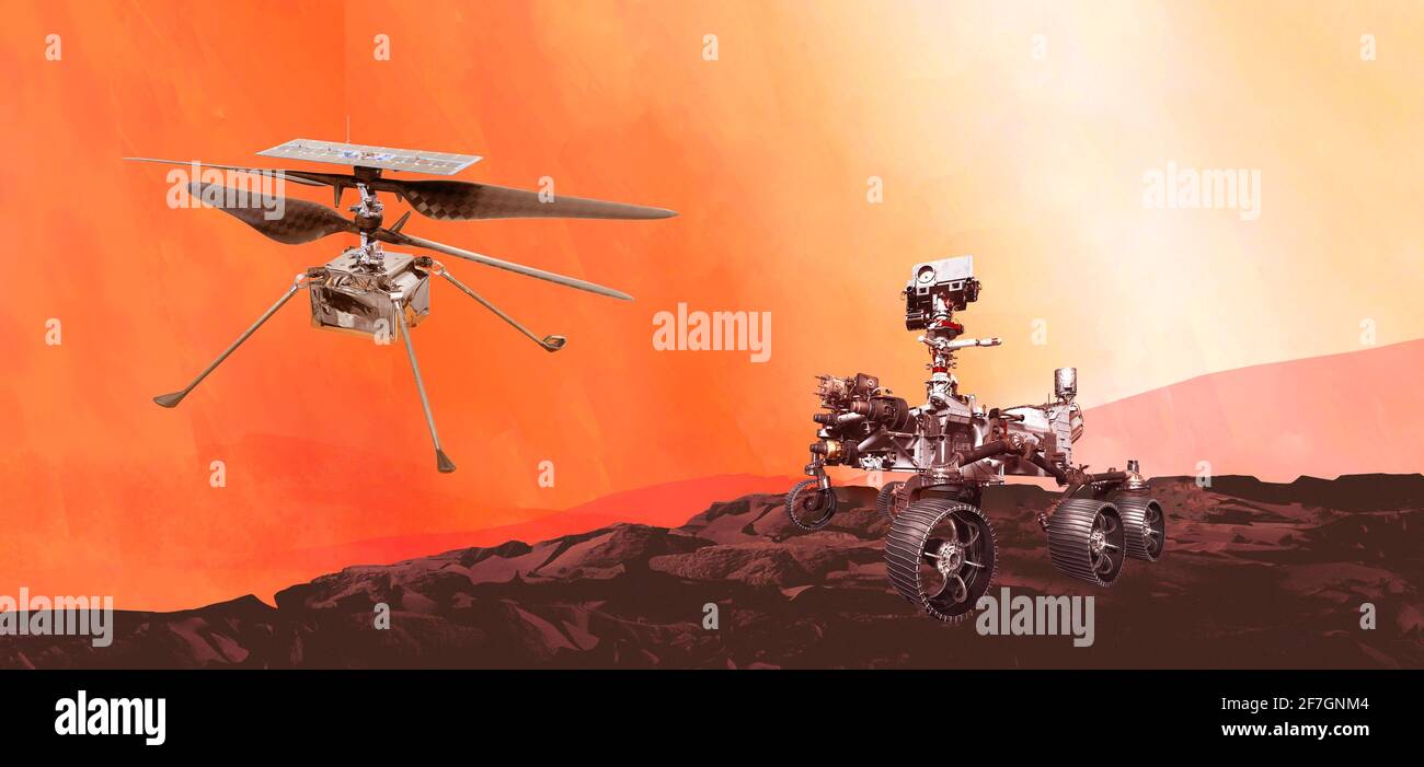 Mars rover Perseverance and helicopter ingenuity on red sky background ...