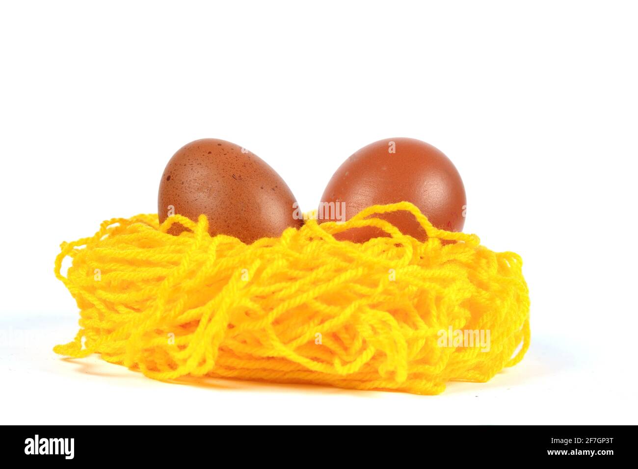 An egg in a nest, which is tied of threads on a white background Stock ...