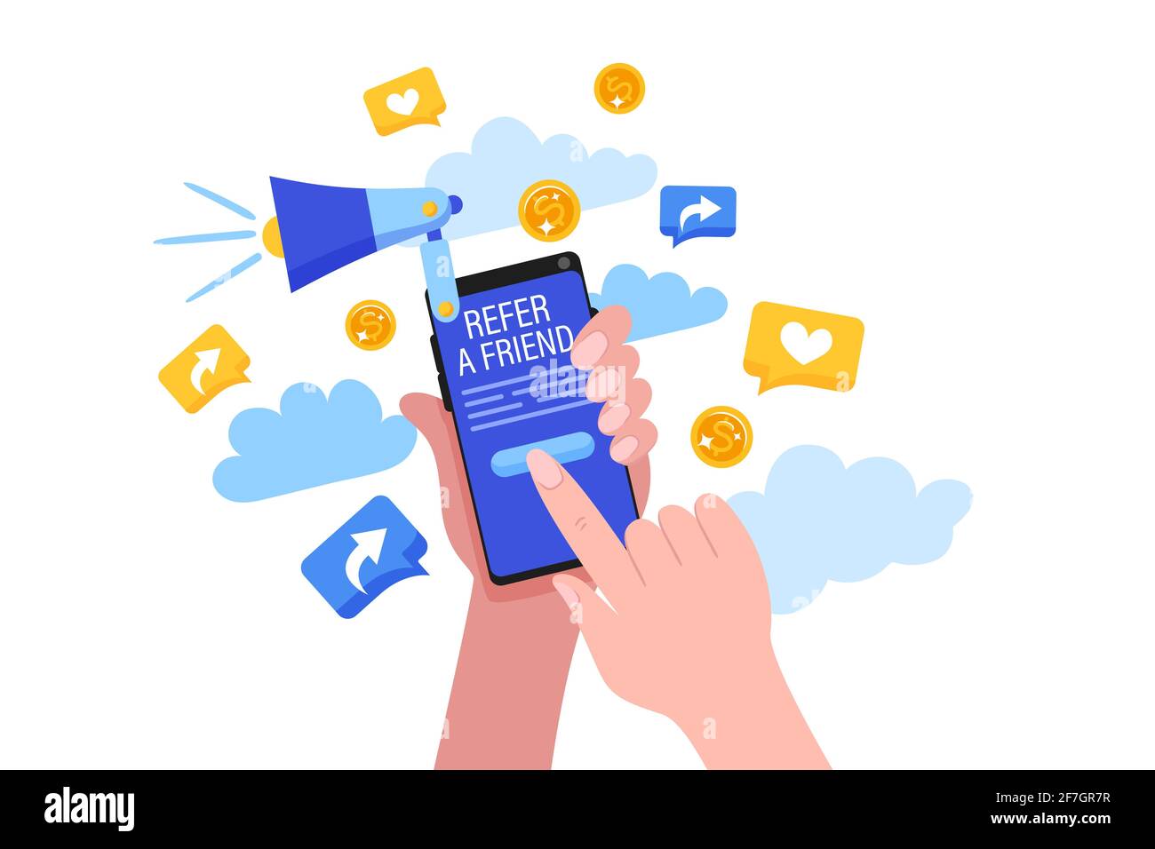 Refer a friend concept with cartoon hands holding a phone with a button ...
