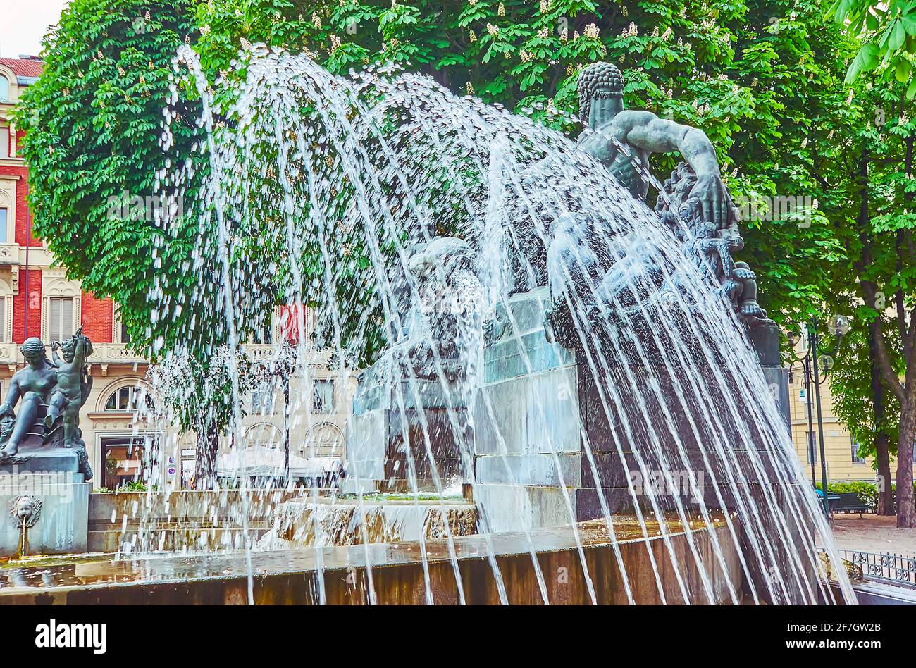 The view of the Fountain Angelica sculptures through the water jets ...