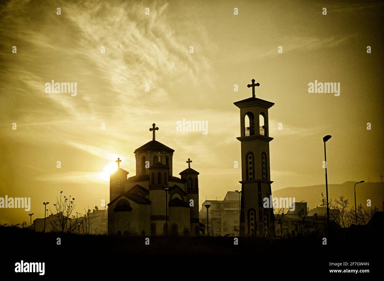 Church tower silhouette sunset background hi-res stock photography and ...