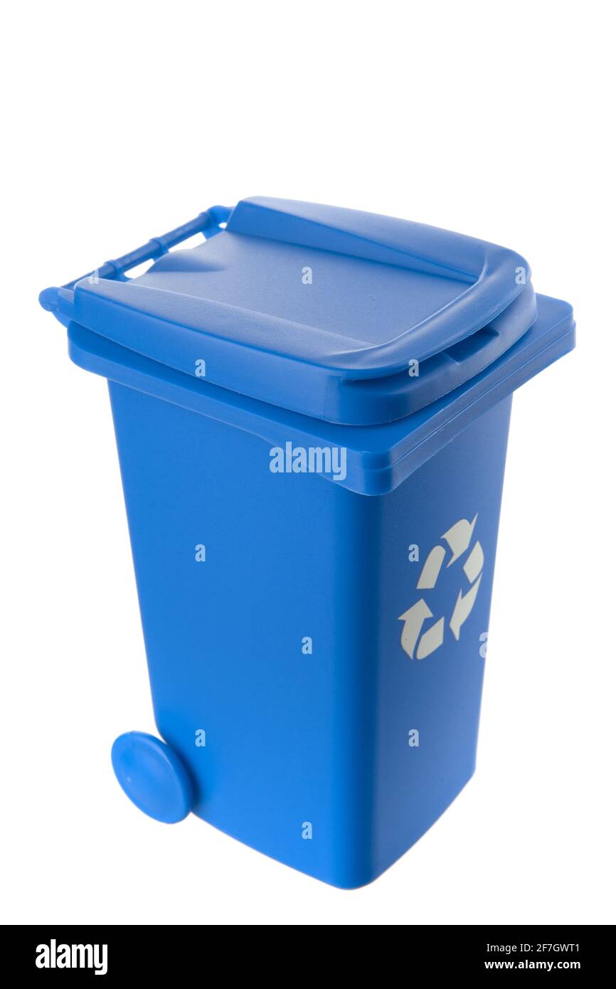 Plastic blue trash can isolated on white background Stock Photo - Alamy