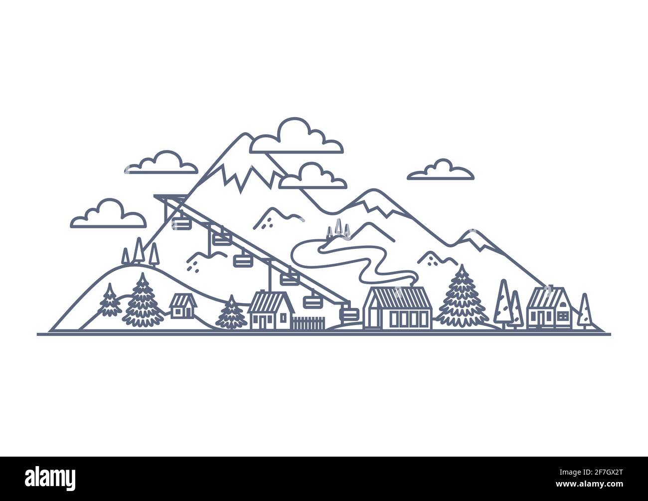 Mountain resort line icon - mountain landscape with village buildings ...