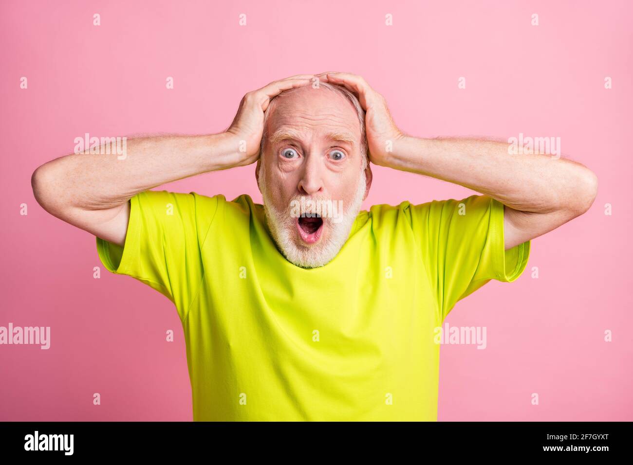 Photo of impressed person open mouth staring speechless arms on head ...