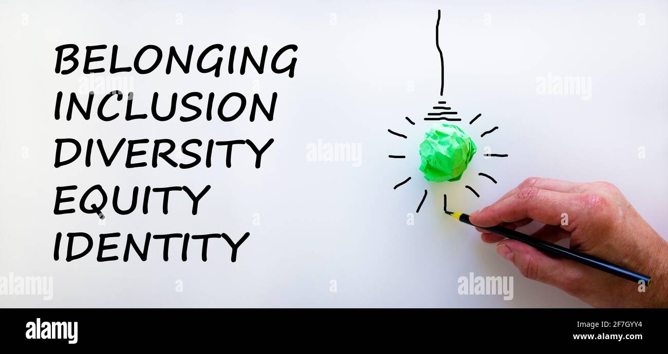 Belonging symbol. Businessman writing 'identity, equity, diversity ...