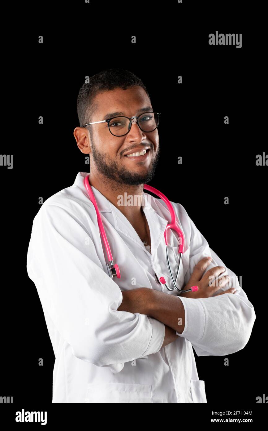dark skin doctor with pink stethoscope on a black background Stock ...