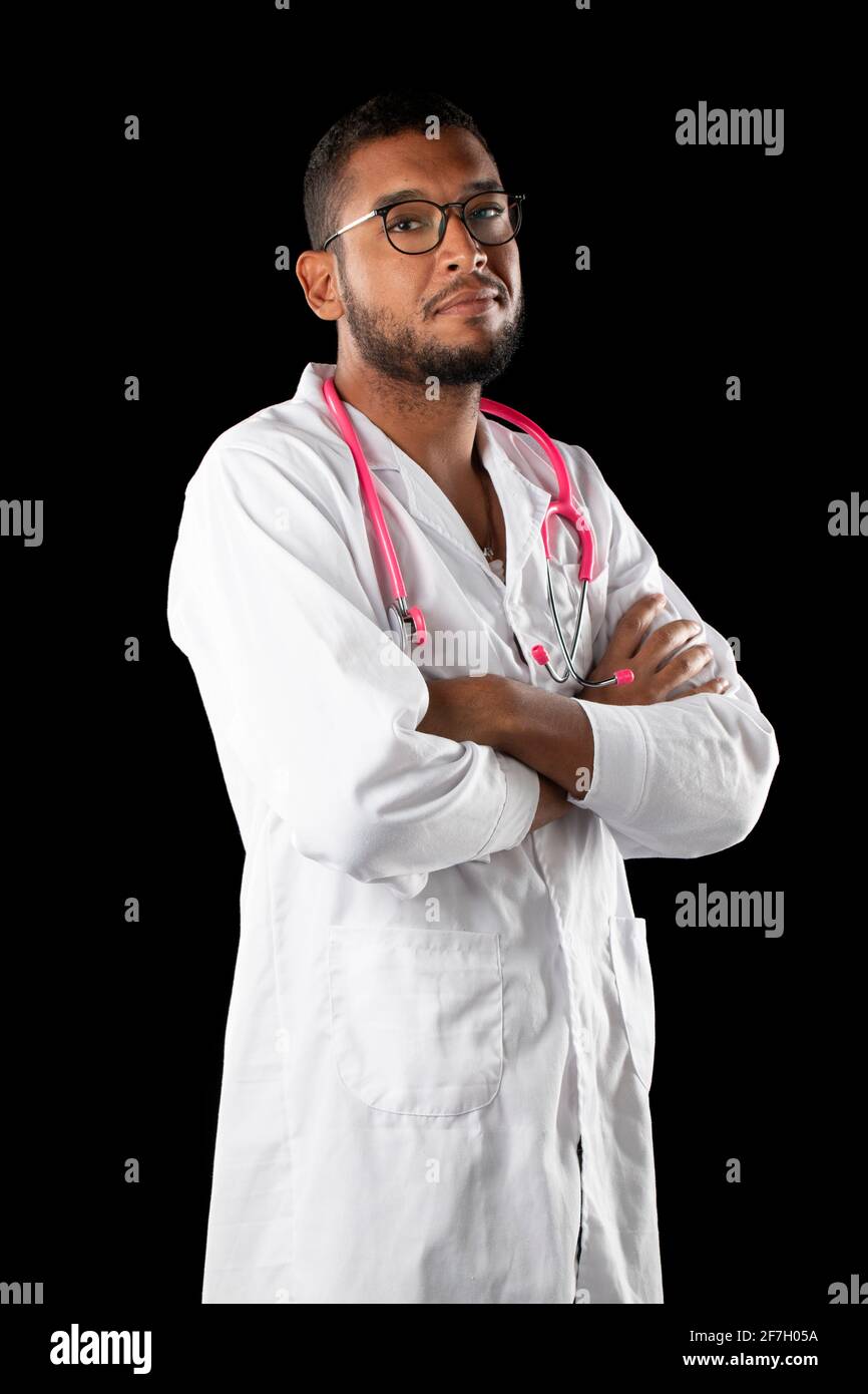 dark skin doctor with pink stethoscope on a black background Stock ...