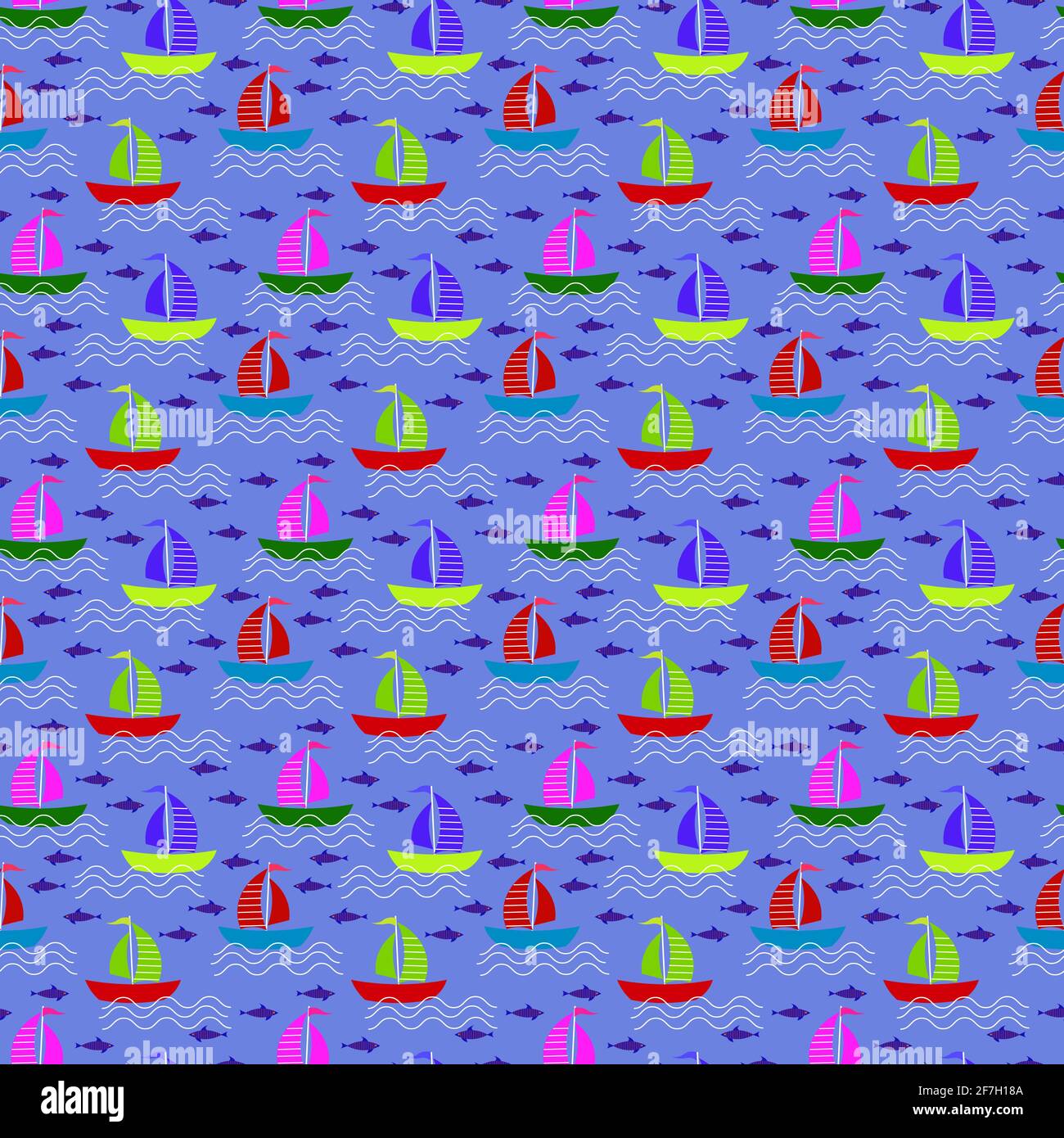 Pattern with ships and fish in the sea. Sea voyage - summer vacation ...