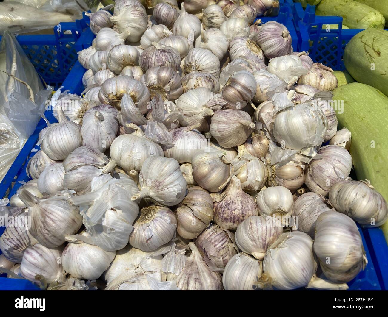 Close up of garlic in boxes on supermarket counter. Concept of ...
