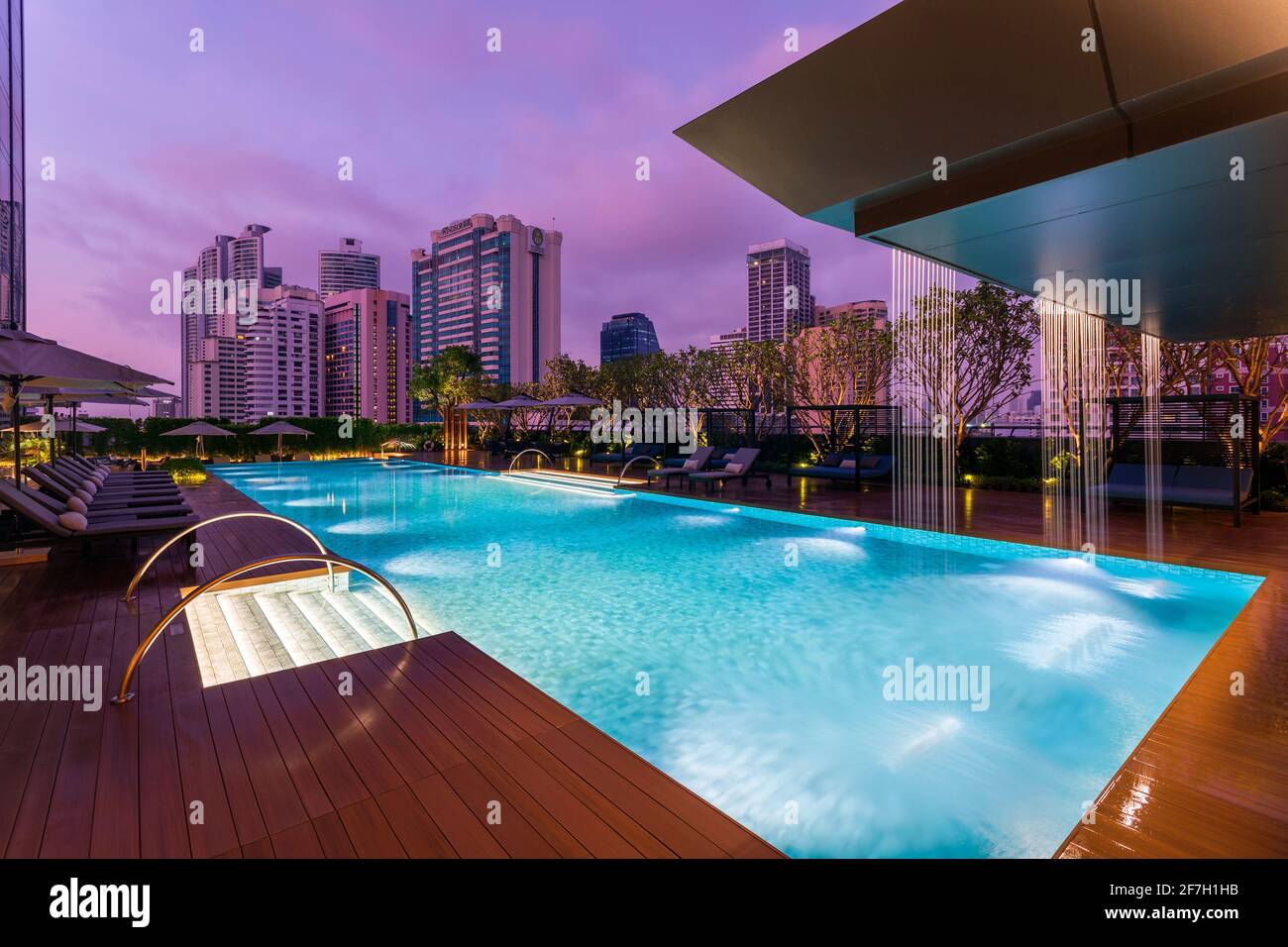 February 13, 2020 - Bangkok, Thailand: Illuminated swimming pool at the ...