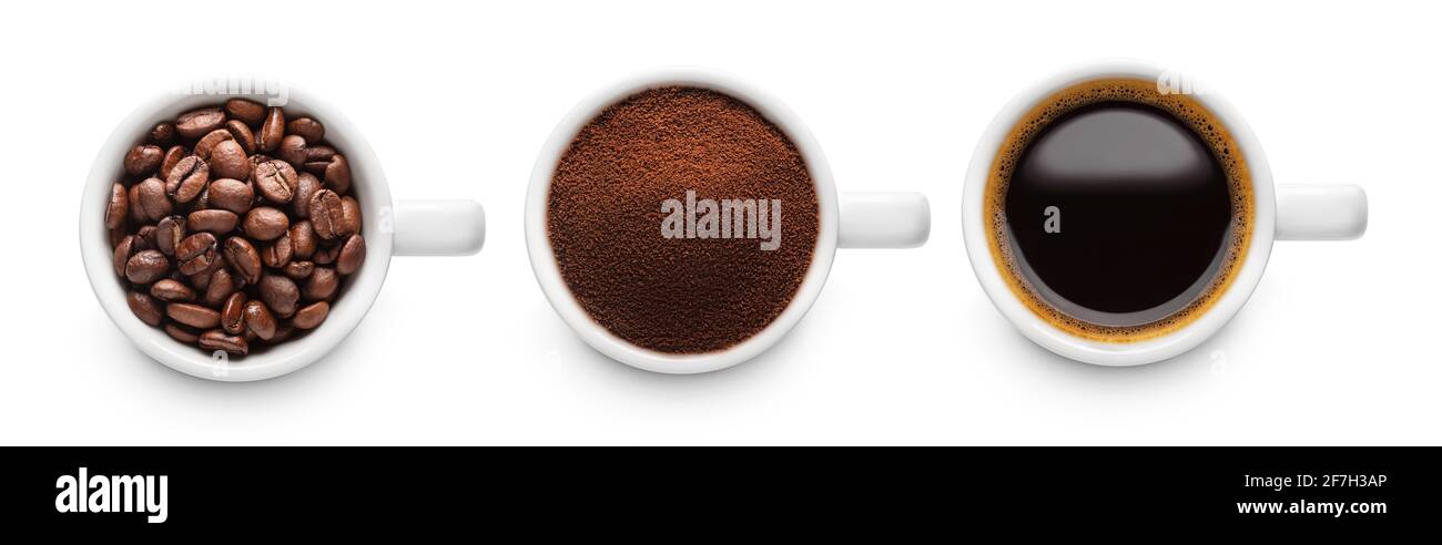 Set of three cup of black coffee. Coffee beans, ground coffee, espresso ...