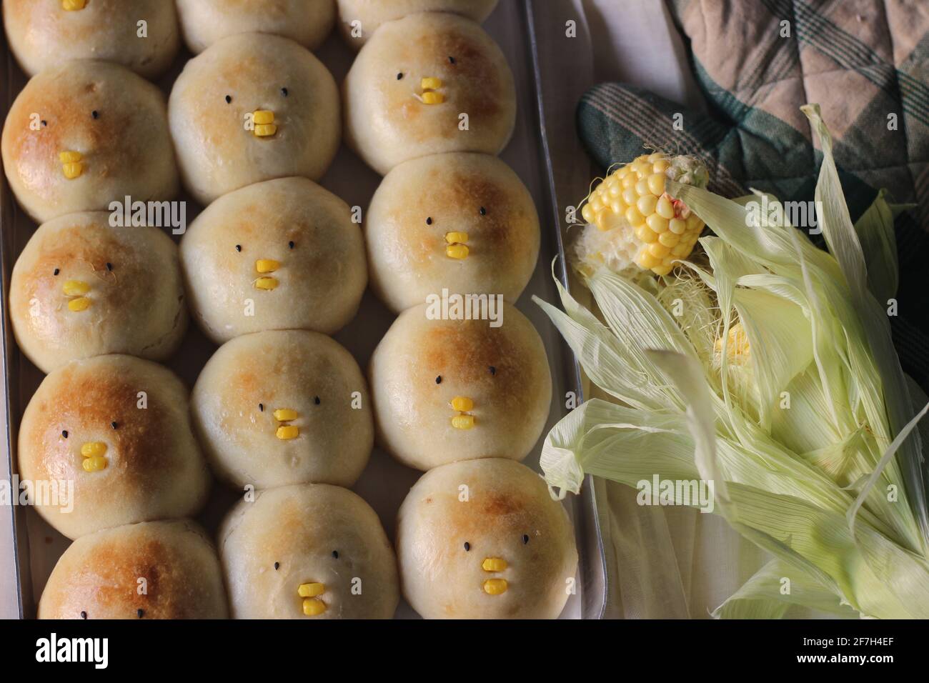 Home baked Easter bread chicks. Buns baked in the shape of chicks as ...