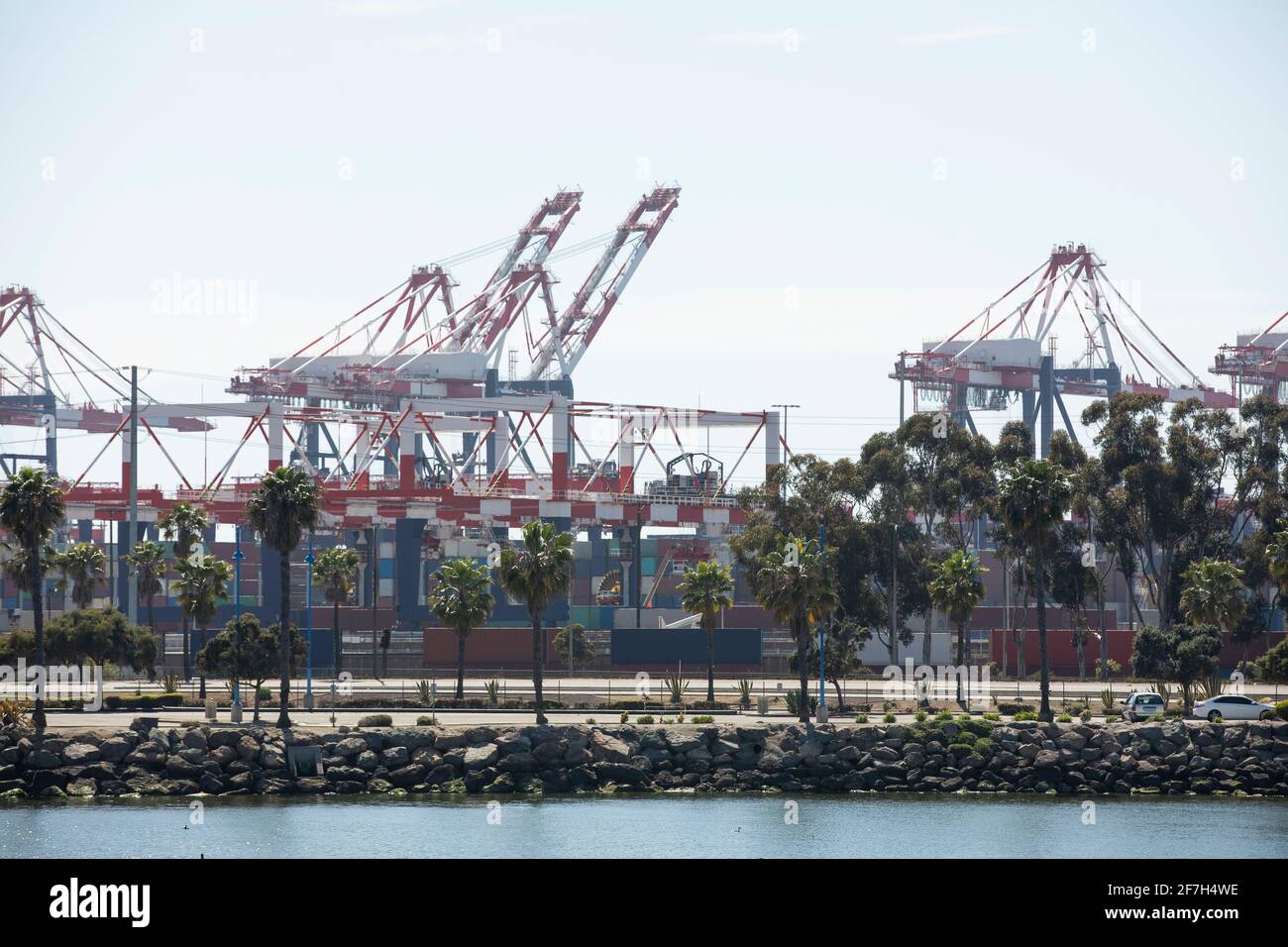Cargo cranes offload cargo ships at a port Stock Photo - Alamy