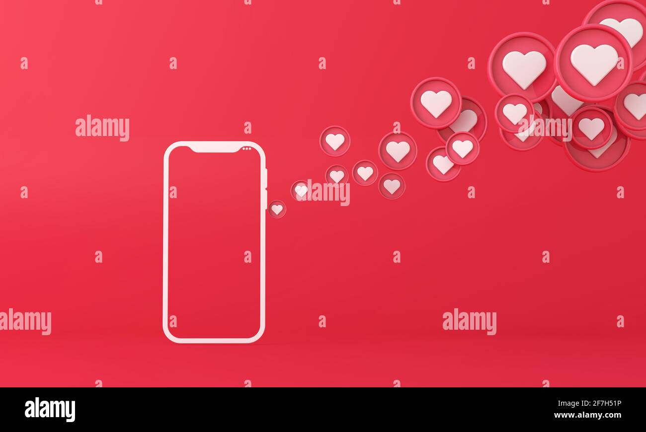 Social media love notification icons flowing from a smartphone. 3D ...