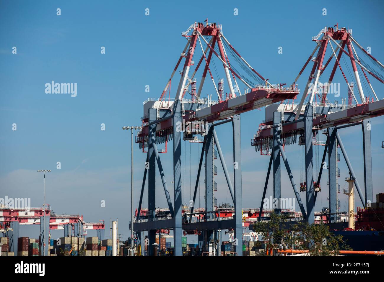 Cargo cranes offload cargo ships at a port Stock Photo - Alamy