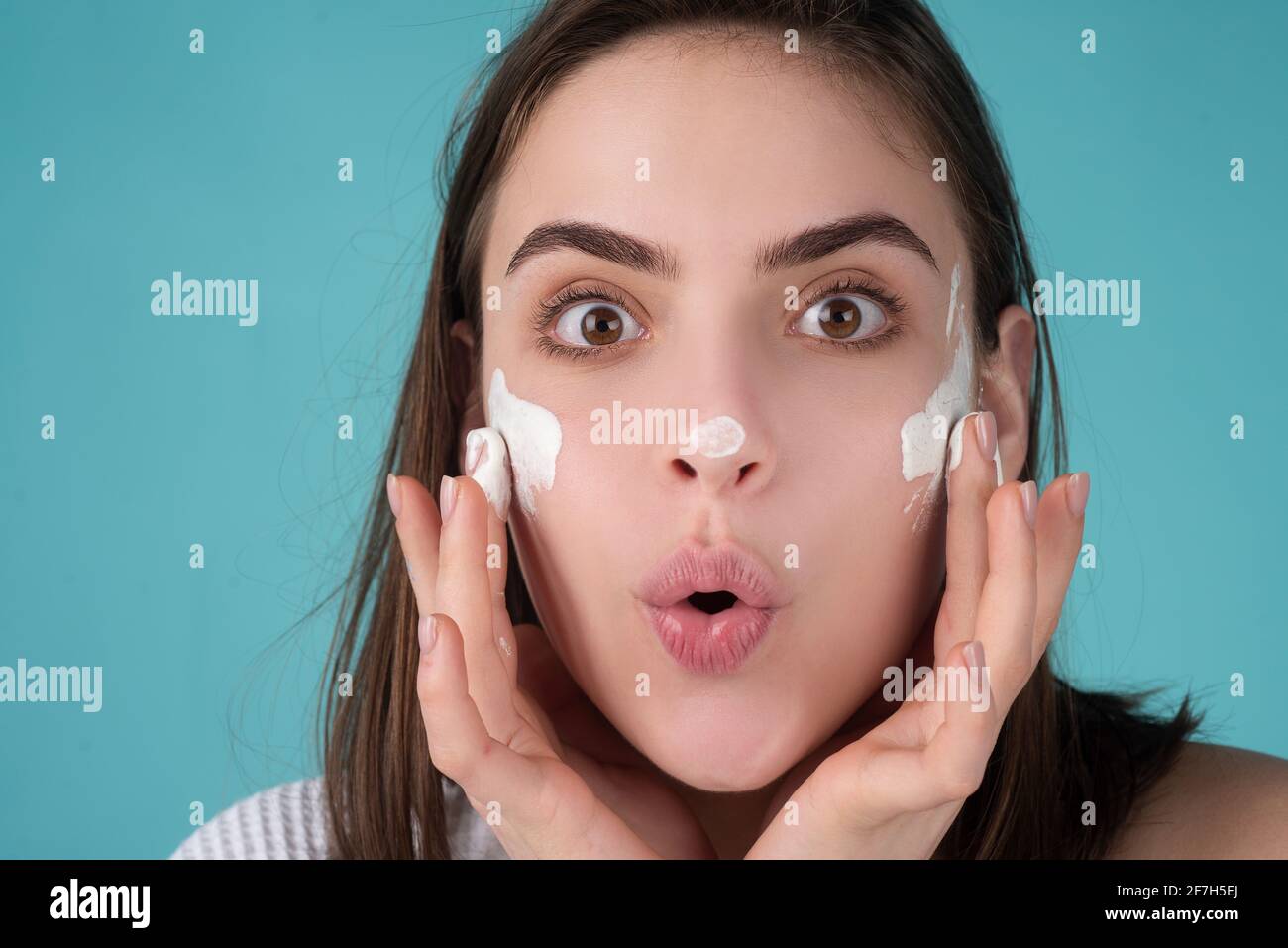 Beauty portrait of beautiful female model. Amazed surprised woman with ...