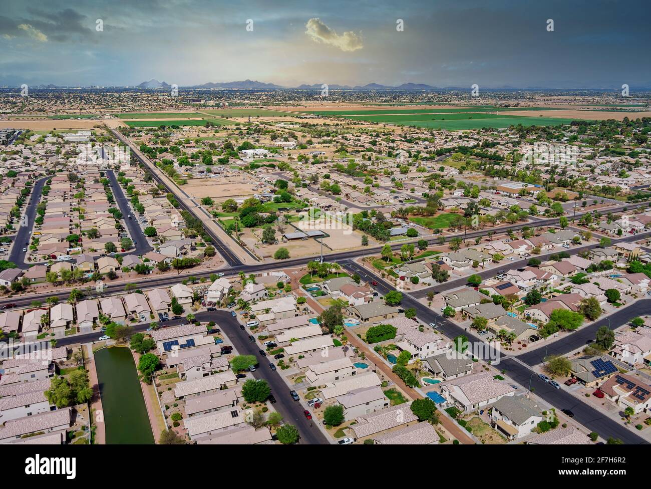 View overlooking desert small town a Avondale city of rugged mountains ...