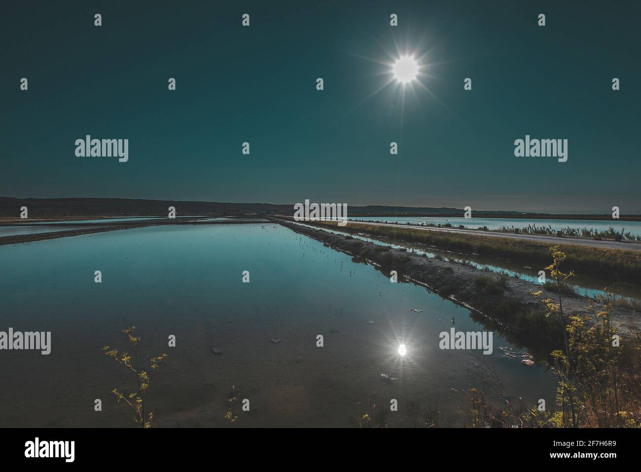 Panorama of salt harvesting pools in Secovlje, Slovenia, during noon in ...