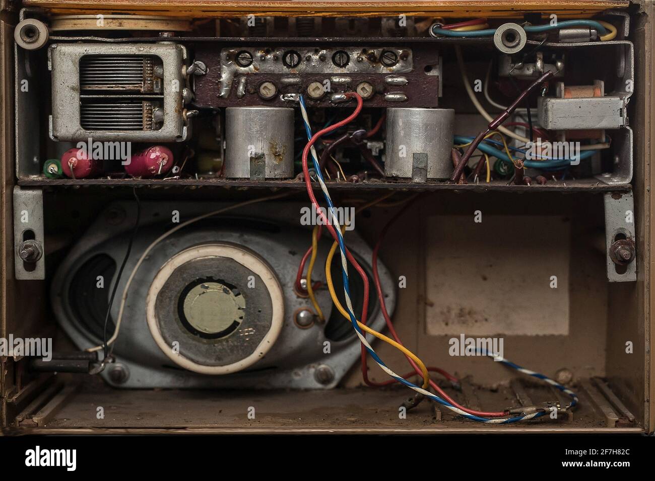 Interior of an old radio. Components of an old transistor radio from ...