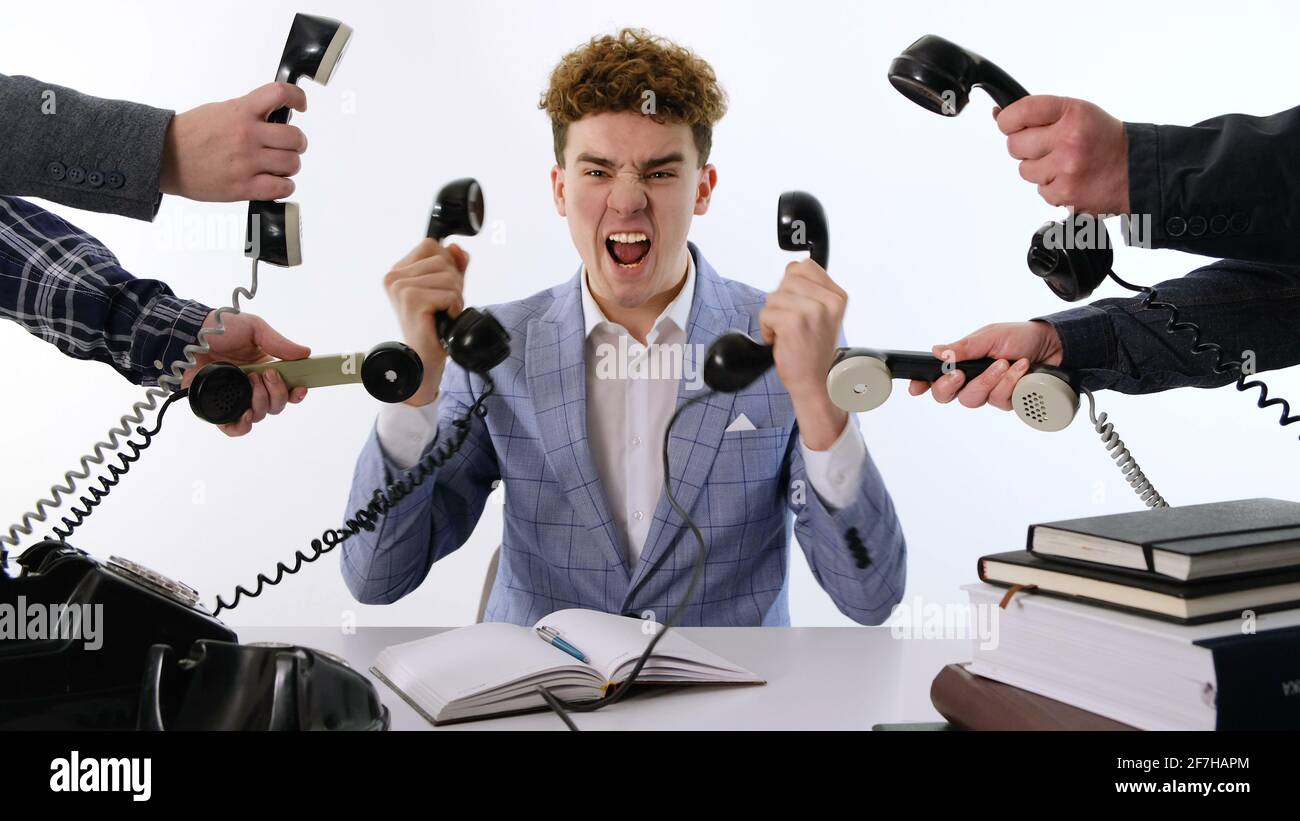 A lot of phone calls: Busy Angry assistant agent helper working and ...