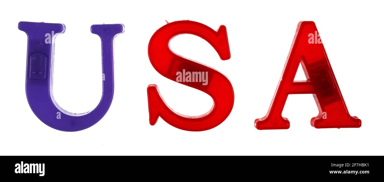 The word USA is lined with multicolored plastic letters isolated on ...
