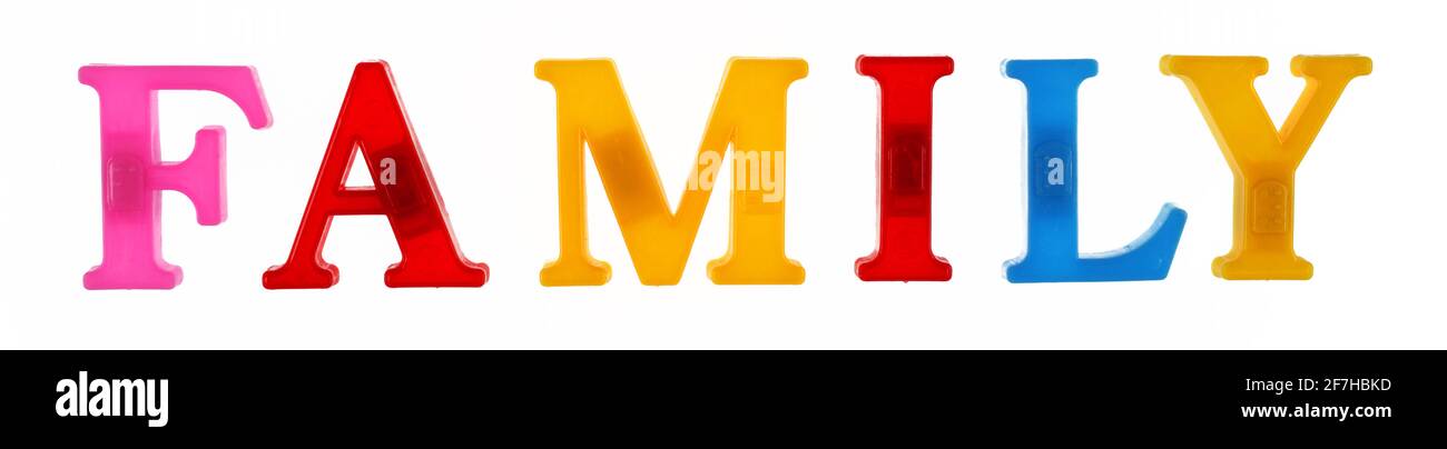 The word family is lined with multicolored plastic letters isolated on ...