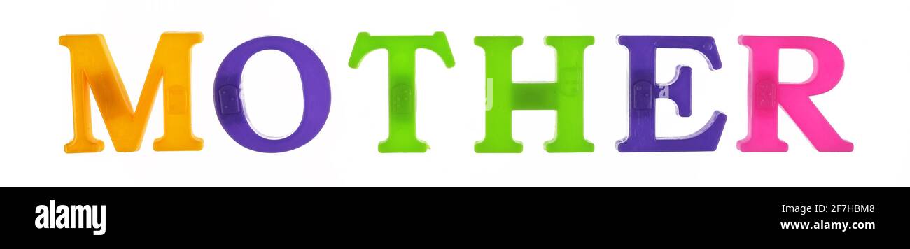The word mother is lined with multicolored plastic letters isolated on ...