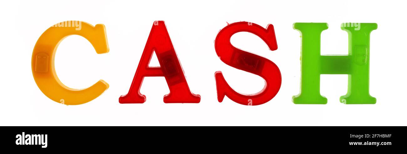 The word cash is lined with multicolored plastic letters isolated on ...