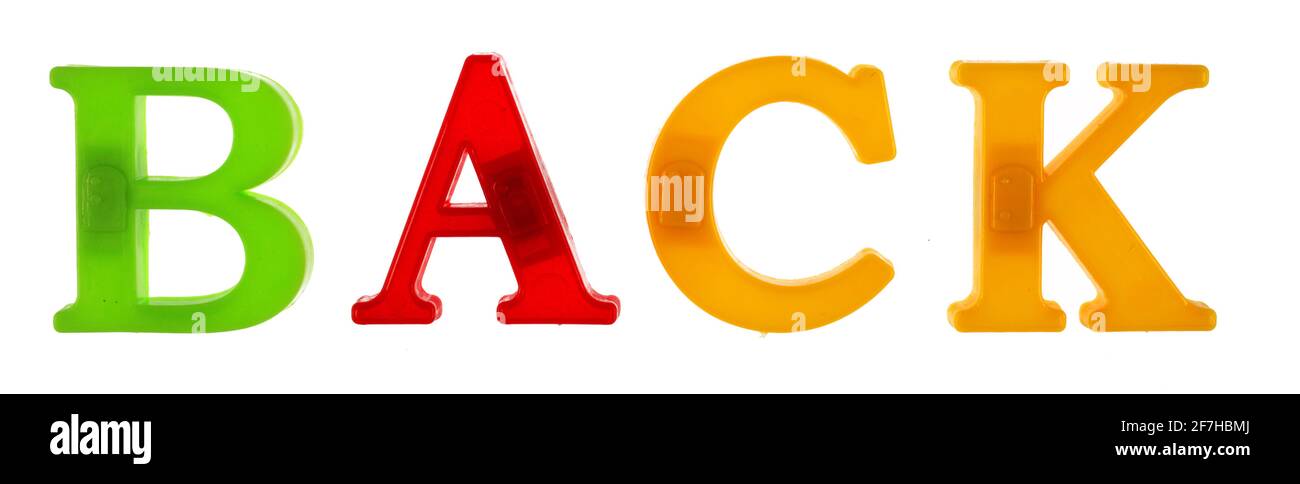 The word back is lined with multicolored plastic letters isolated on ...