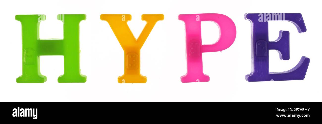 The word hype is lined with multicolored plastic letters isolated on ...