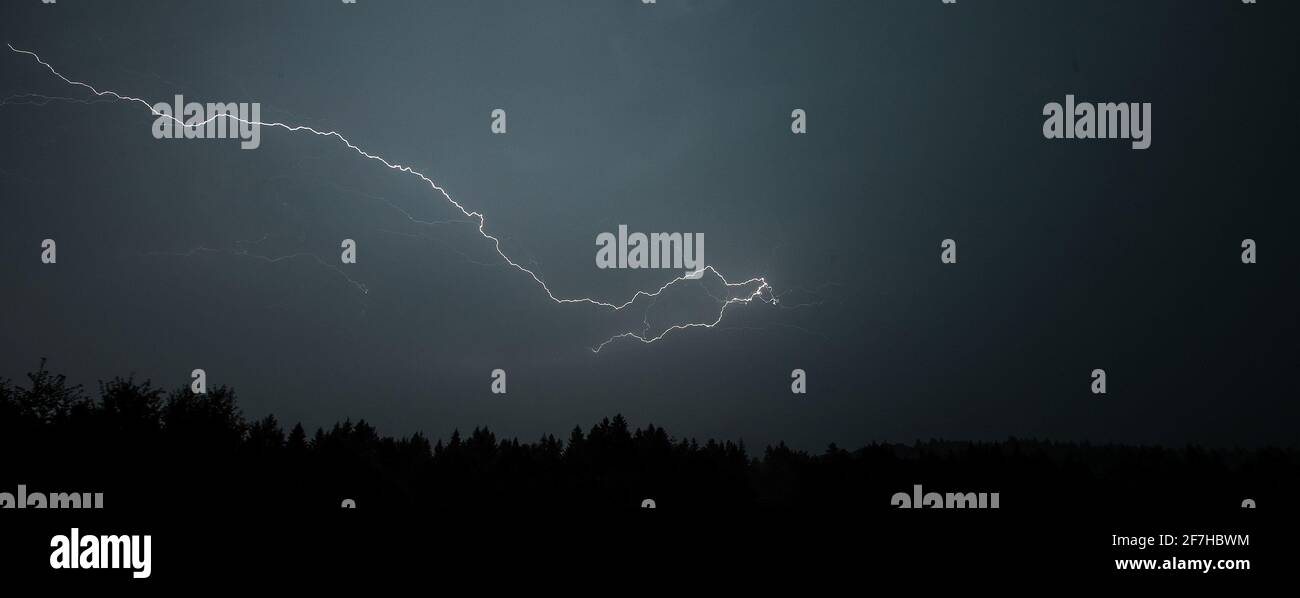 A small horizontal lightning with a skyline of trees or a forest ...